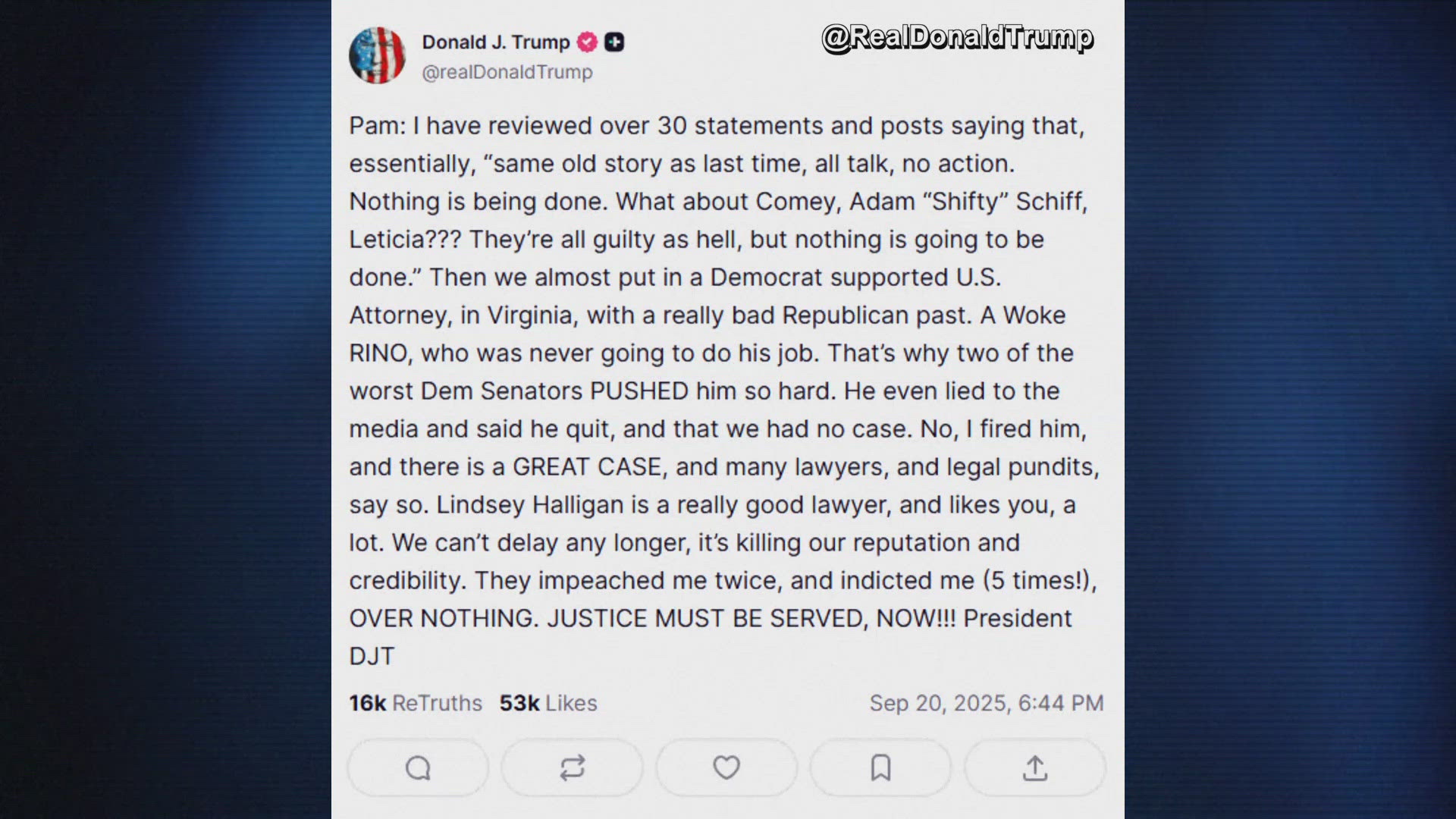 NBC: Trump accidentally posts message to Pam Bondi | ksdk.com