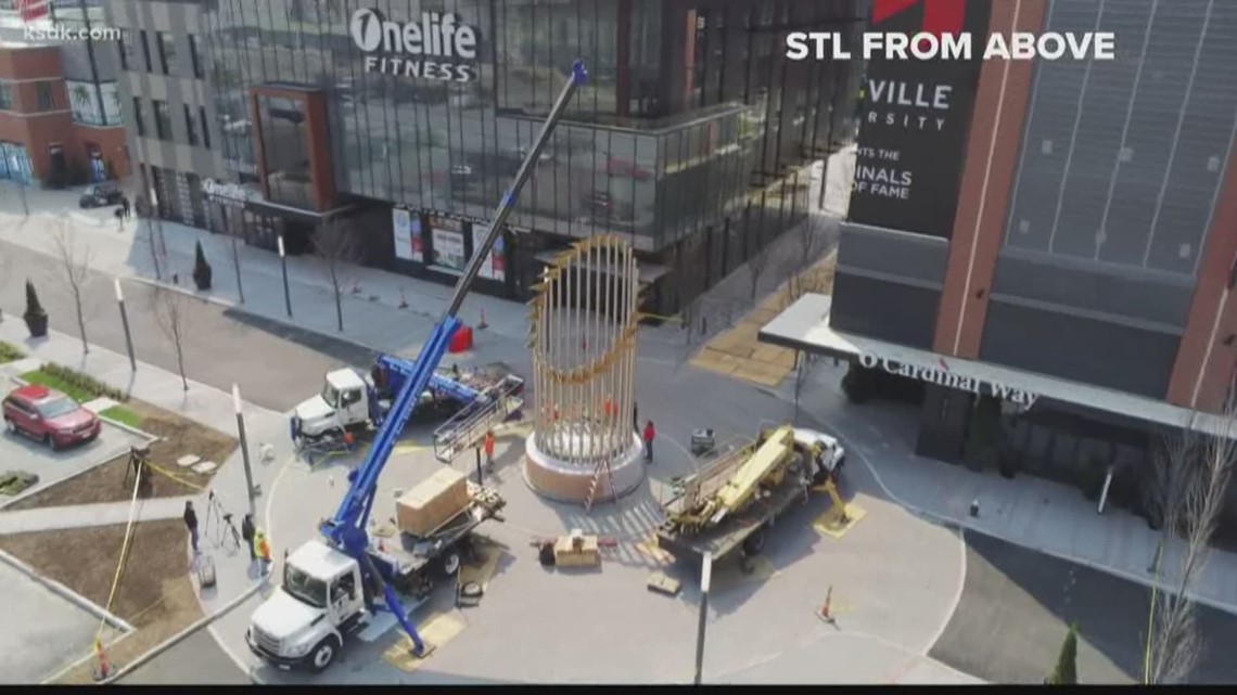 Giant World Series Trophy replica built outside Ballpark Village | ksdk.com
