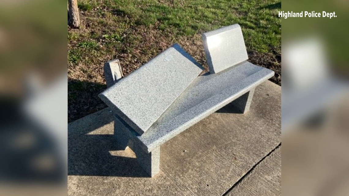 Highland police asking for information on marble bench damaged | ksdk.com