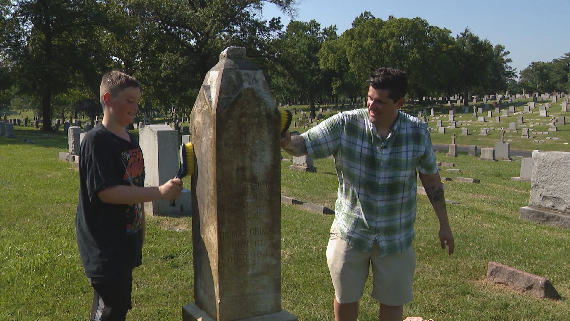 Father, son clean headstones at Cavalry Cemetery | ksdk.com